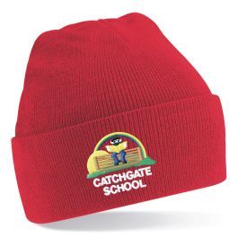 Red Knitted Hat - Embroidered With Catchgate Primary School Logo